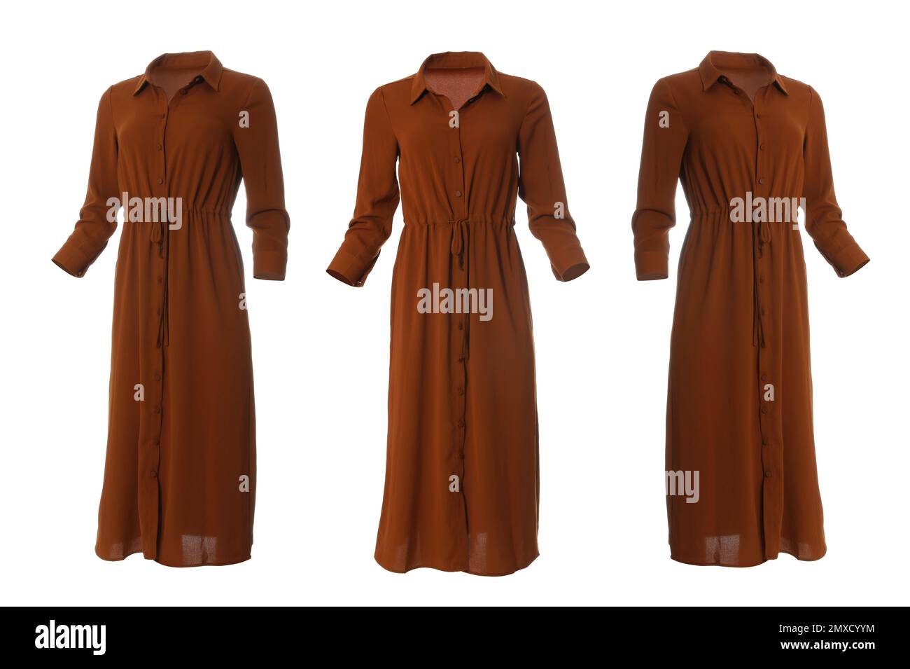 Set of stylish long dresses from different views on white background ...