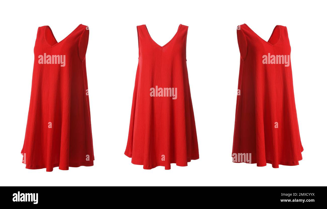 Set of beautiful short red dresses from different views on white ...