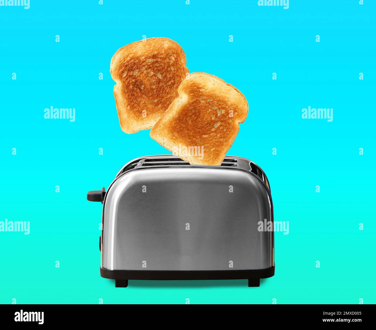 Slices of grilled wheat bread flying out of toaster on color background ...