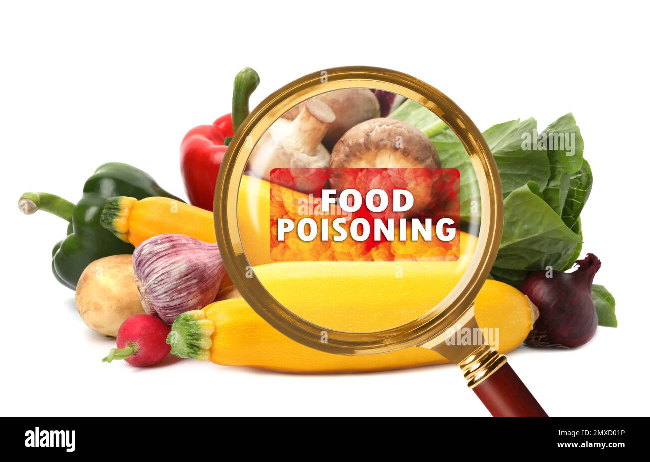 Magnifying glass and vegetables on white background. Food poisoning ...