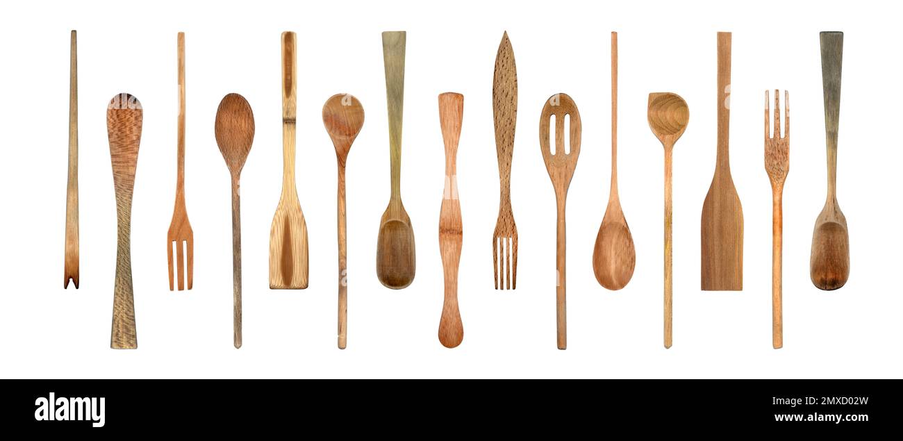 Topview of Set Cooking Wooden Utensils on White Background Stock Photo ...