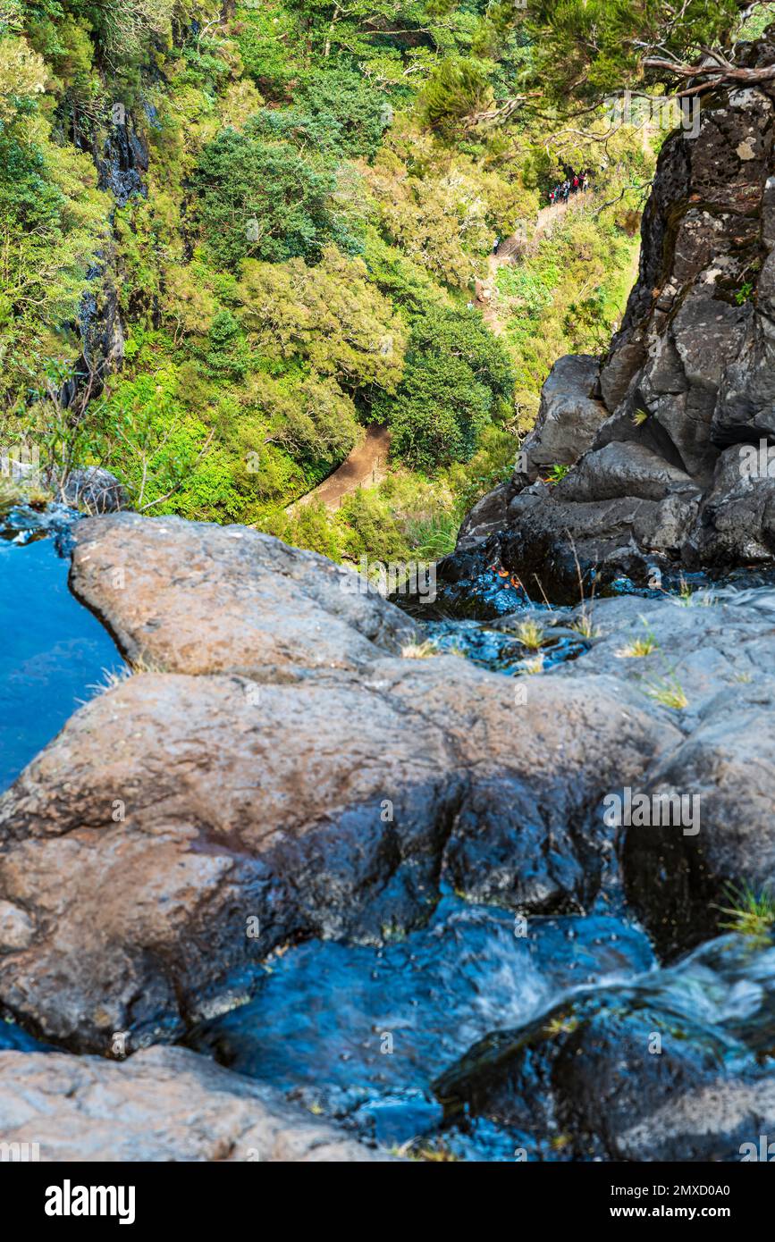 Levada do Risco hiking trail bellow Risco waterfall from Lagoa do Vento ...