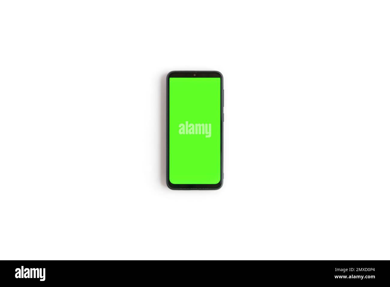 Phone with vertical green screen with chroma key isolated on white ...