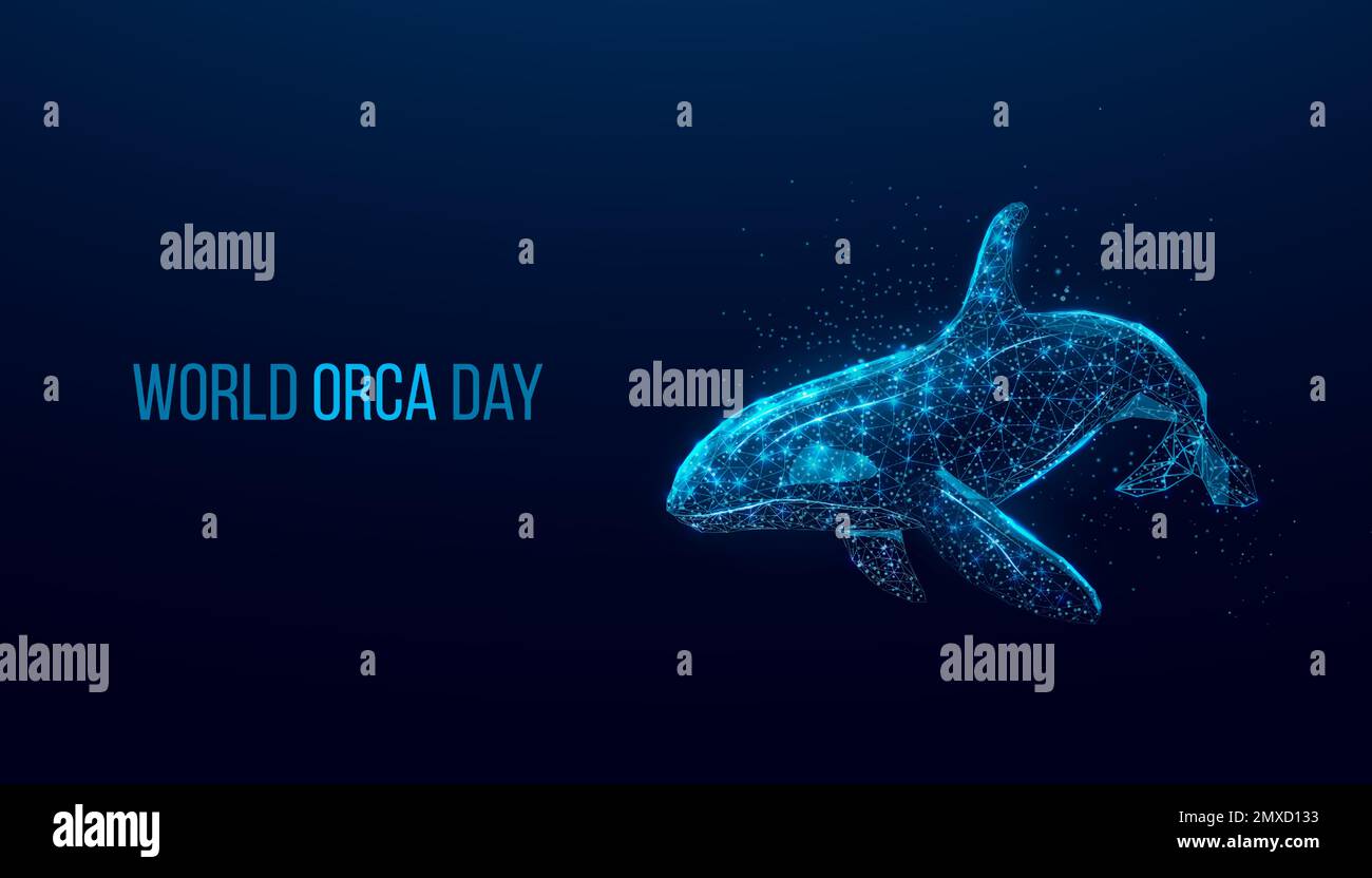 World orca day. Wireframe glowing low poly Orca whale. Design on dark ...