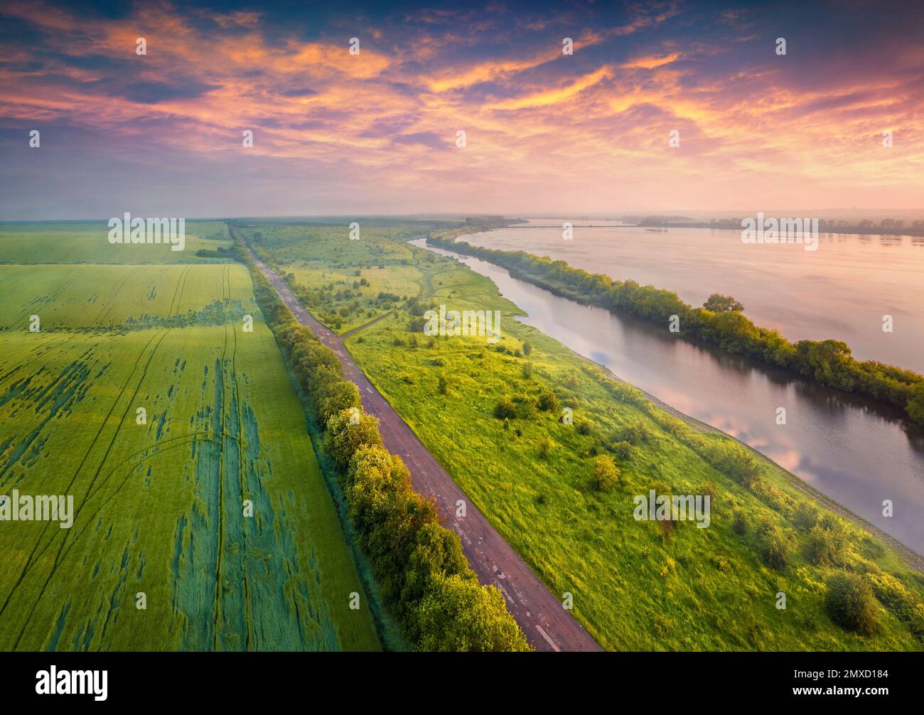 Aerial landscape photography. Stunning morning view from flying drone ...