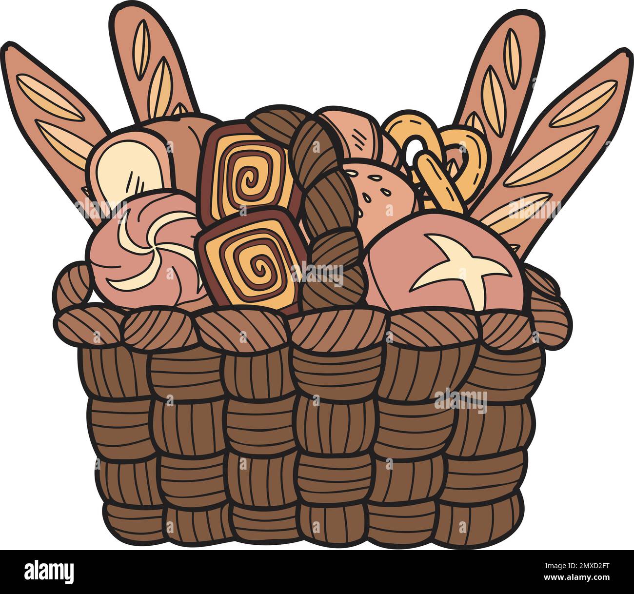 Hand Drawn set of bread on the basket illustration in doodle style ...