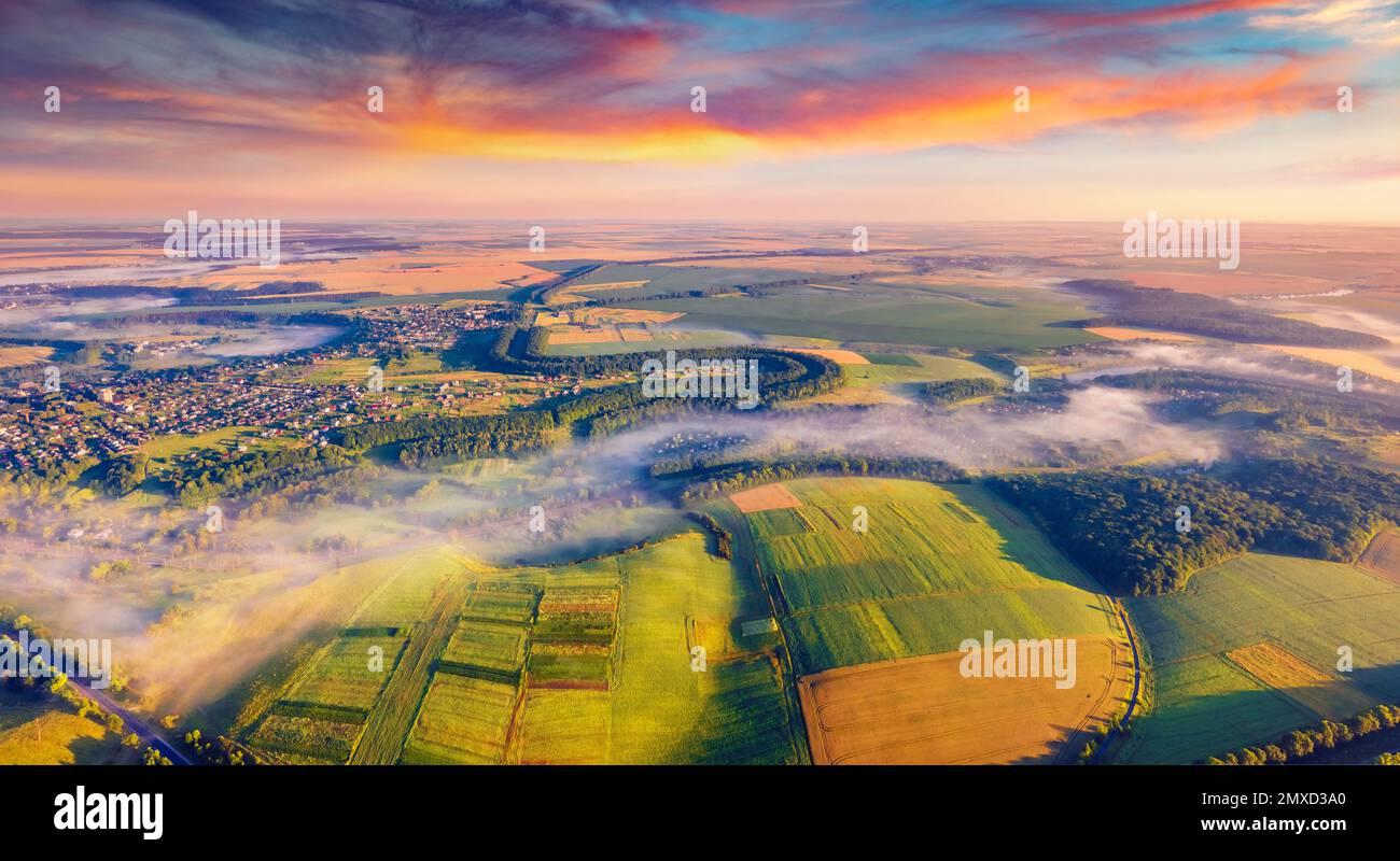 Aerial landscape photography. Stunning summer view from flying drone of ...