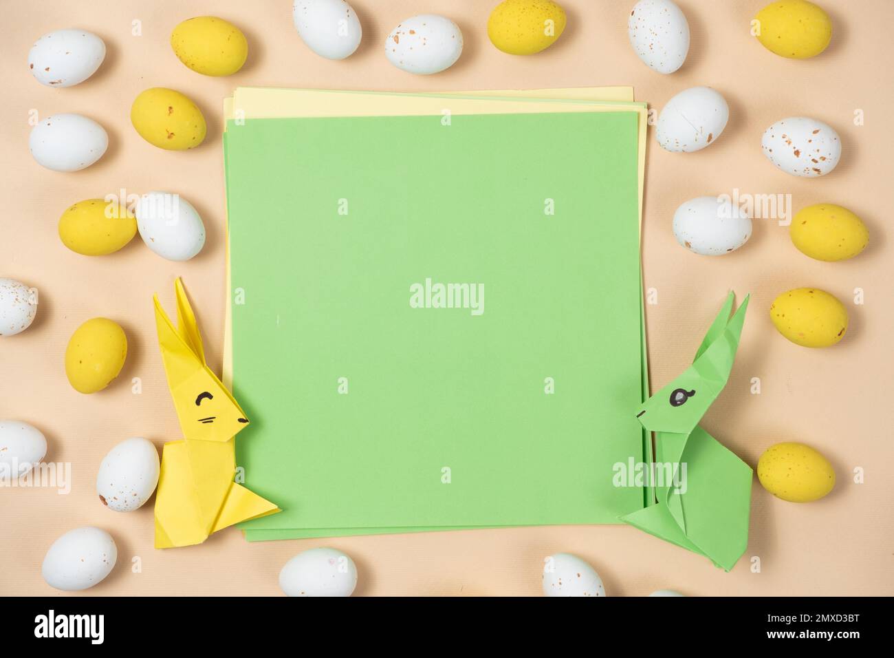 Happy Easter - layout with space for text center, Easter bunnies made ...