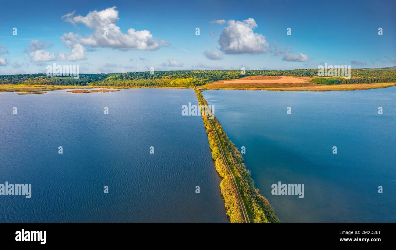 Aerial landscape photography. Splendid summer sunrise on Vertelka lake ...