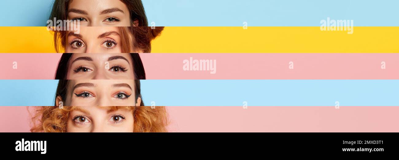 Collage made of five beautiful girls. Female eyes placed in narrow ...