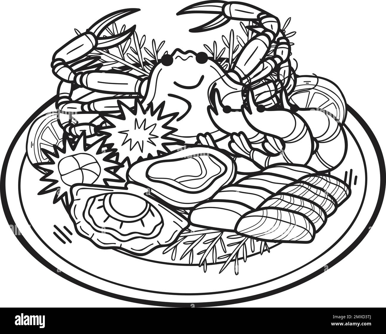 Hand Drawn seafood on plate illustration in doodle style isolated on ...