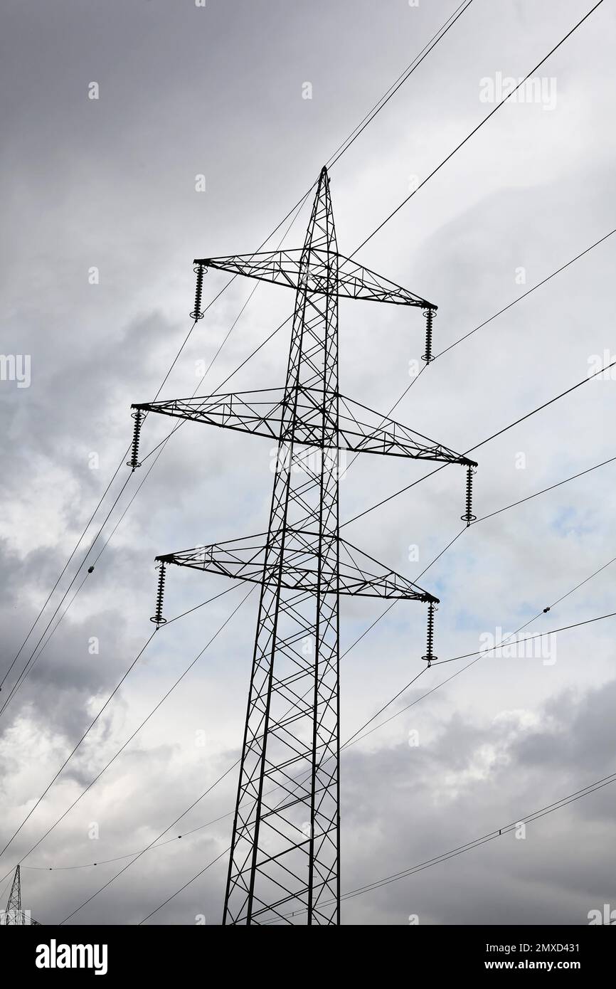 high-voltage transmission pole with power lines, Austria Stock Photo ...