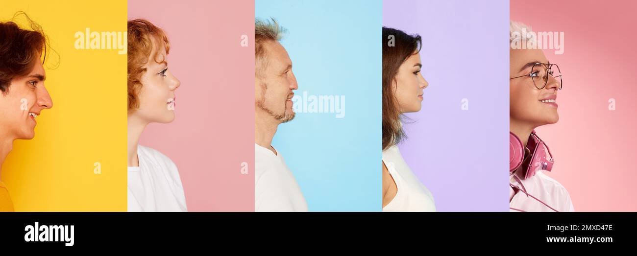 Collage. Side view portraits of diverse people, men and women posing ...
