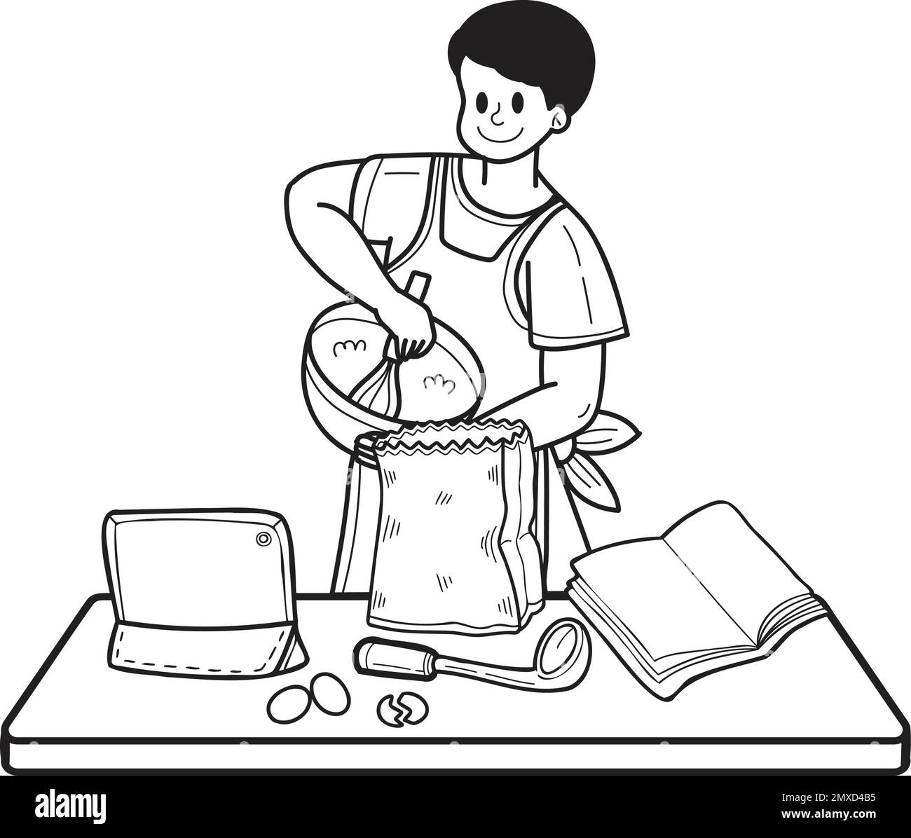 Hand Drawn man learning to cook from the internet illustration in ...
