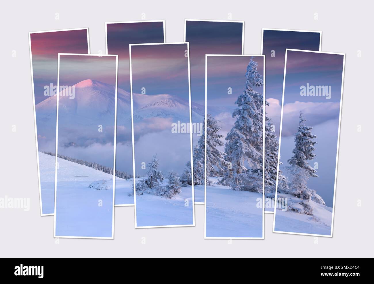 Isolated eight frames collage of picture of fantastic sunrise in ...