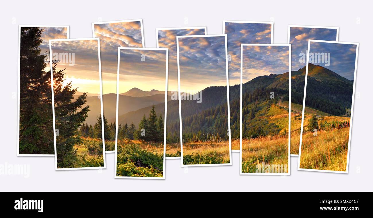 Isolated ten frames collage of picture of colorful sunrise in mountain ...