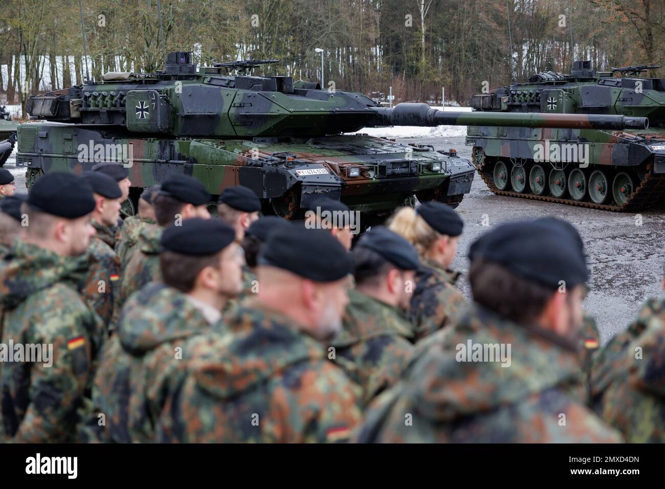 Pfreimd, Germany. 03rd Feb, 2023. New Leopard 2 A7V tanks from the German Army stand on the ...