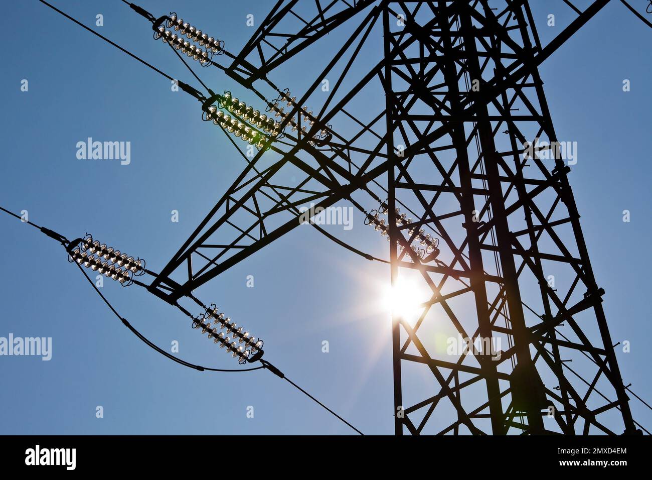 high voltage pylon in the sun, detail, Austria Stock Photo - Alamy
