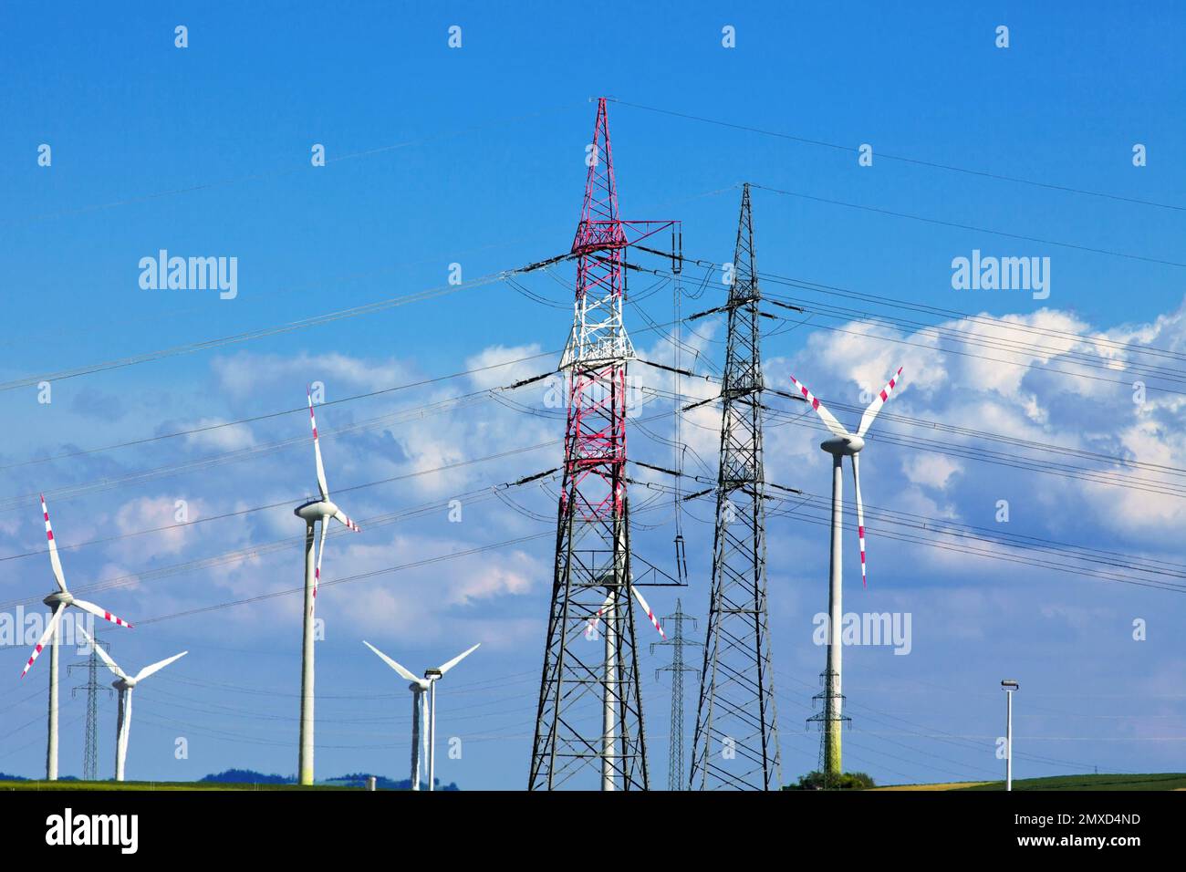 wind turbines and power poles, Austria Stock Photo - Alamy