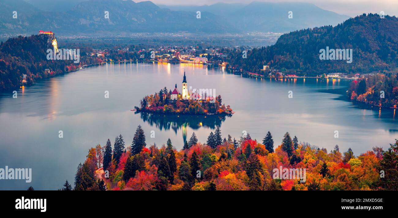 Aerial landscape photography. Colorful morning scene of Pilgrimage ...