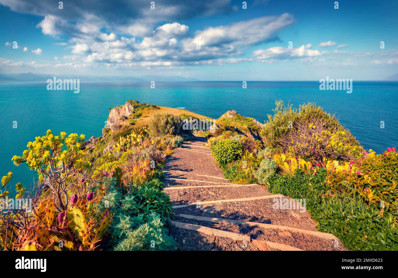 Beautiful marine scenery. Sunny summer view of Milazzo cape. Bright ...