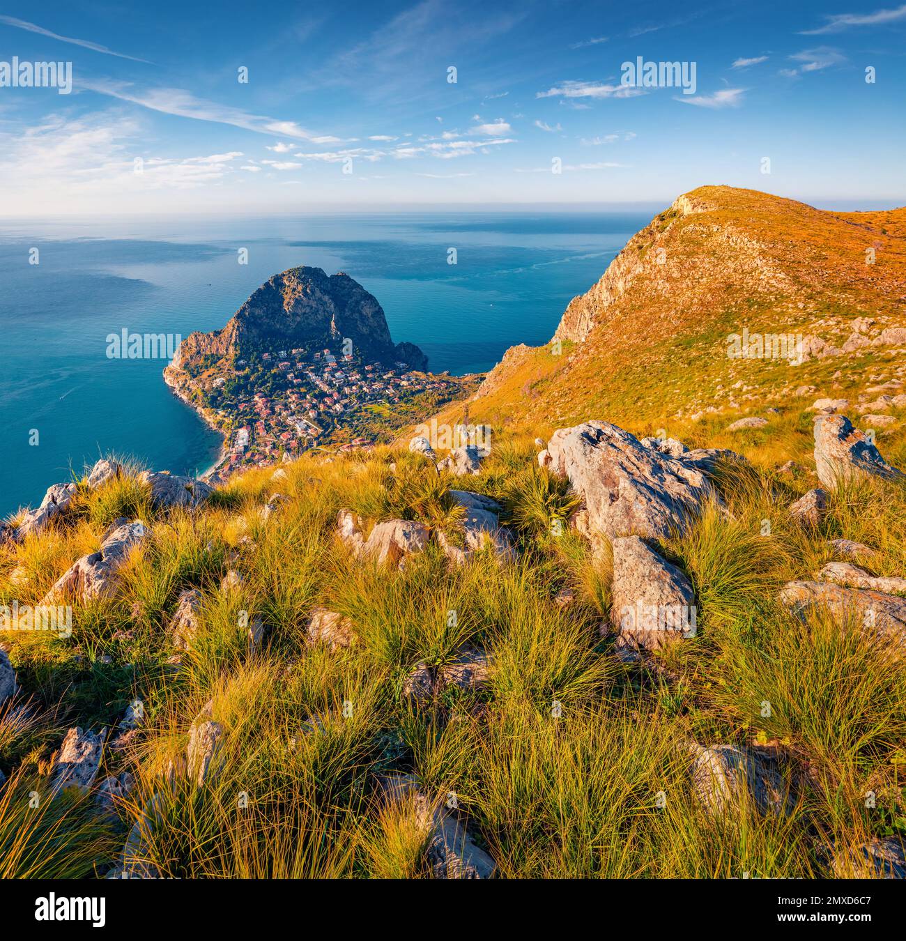 Aerial landscape photography. Splendid morning view of Zafferano cape ...