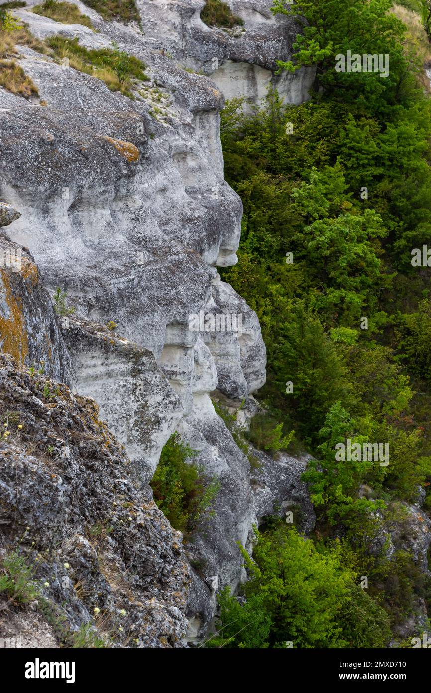 Rocky banks of the canyon above Lake Bakota on the Dniester River ...