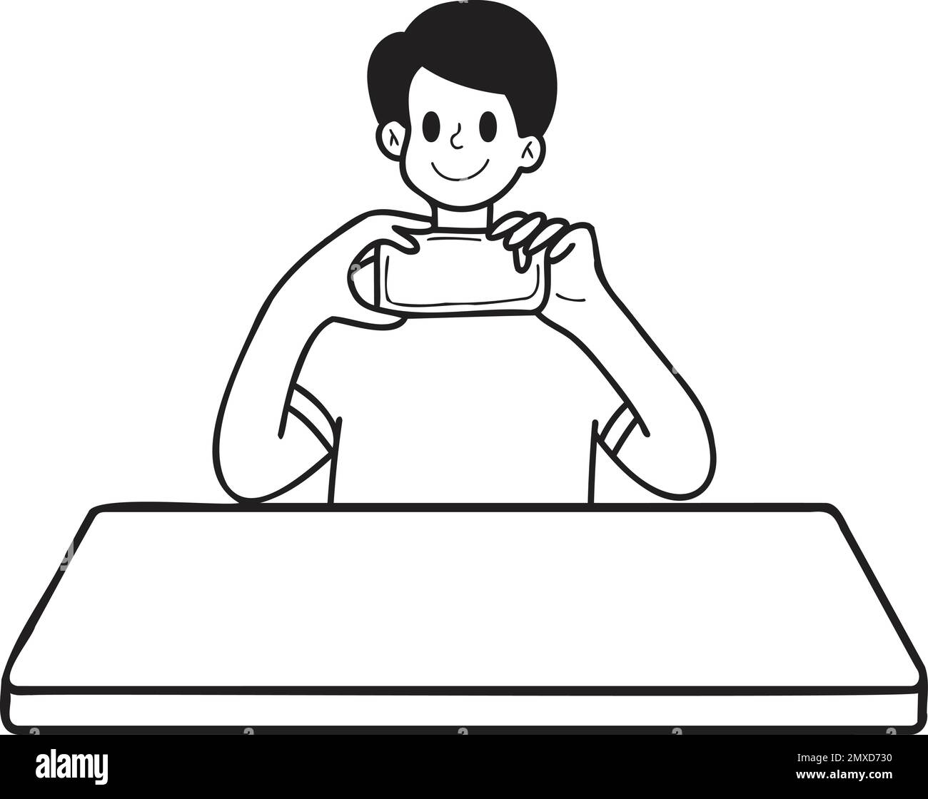 Hand Drawn man taking photo on dining table illustration in doodle ...