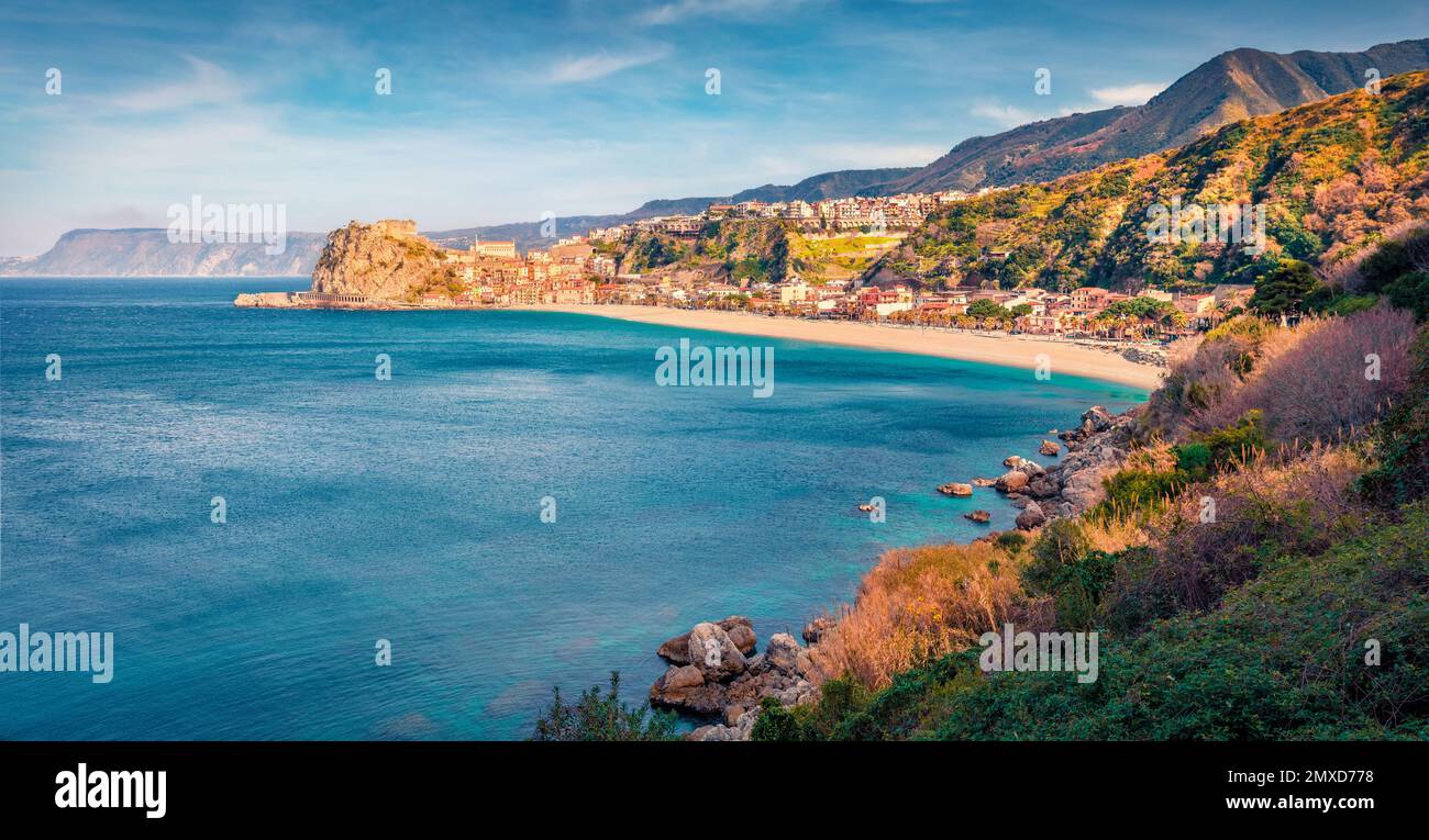 Aerial landscape photography. Sunny morning view of Scilla town with ...