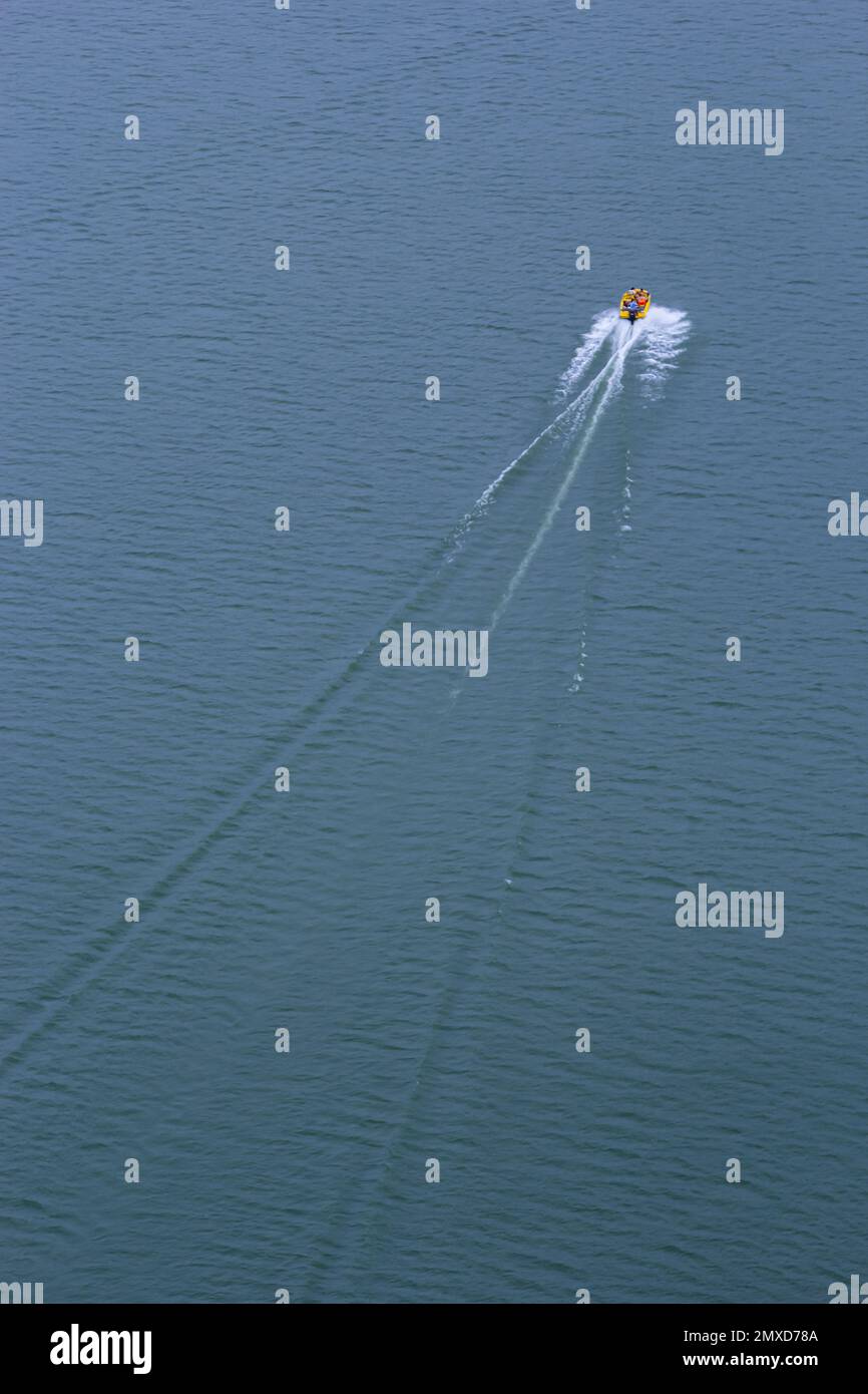 A top-down view of the speed of a motorboat sailing on water Stock ...