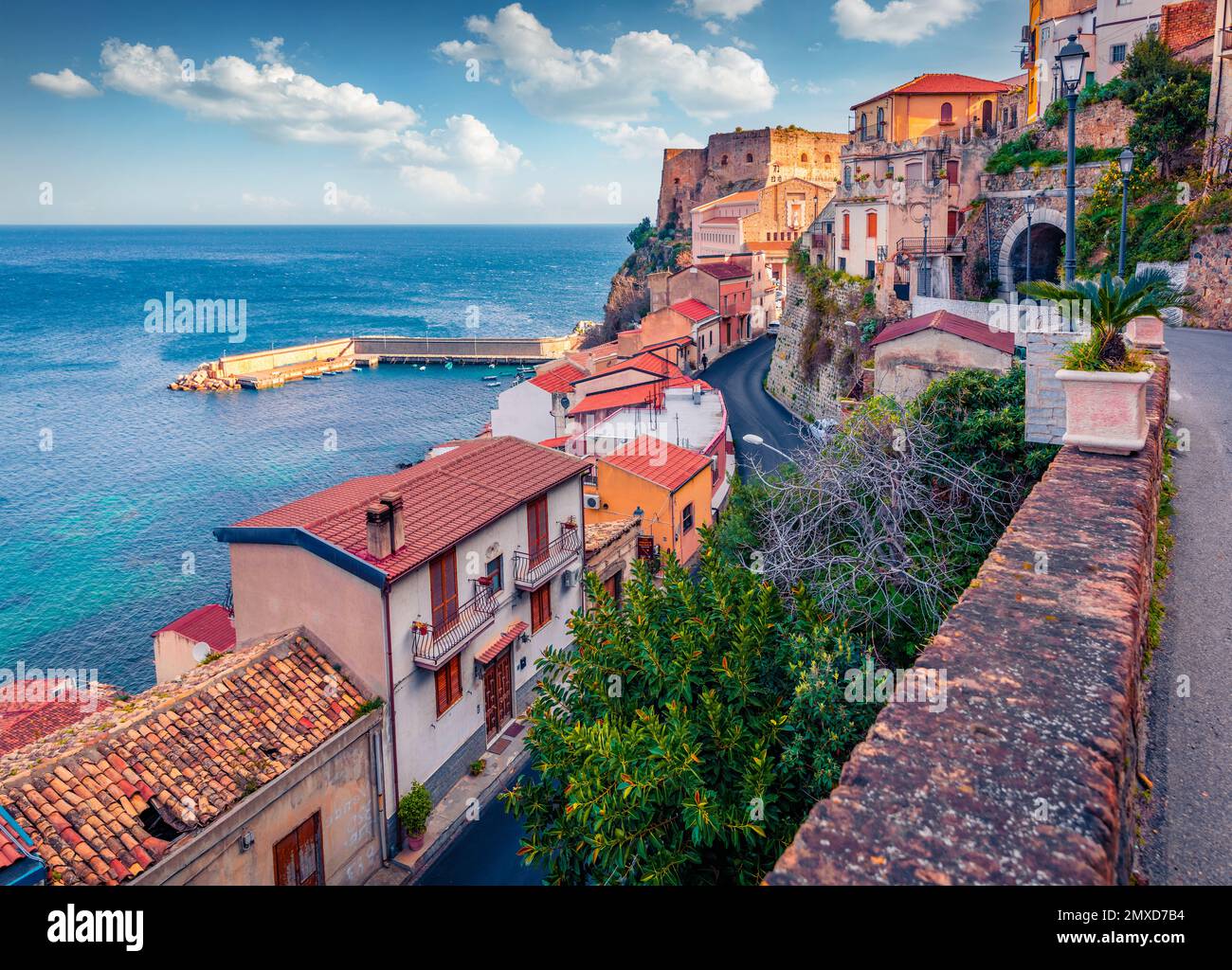 Amazing morning view of Scilla town with Ruffo castle on background ...