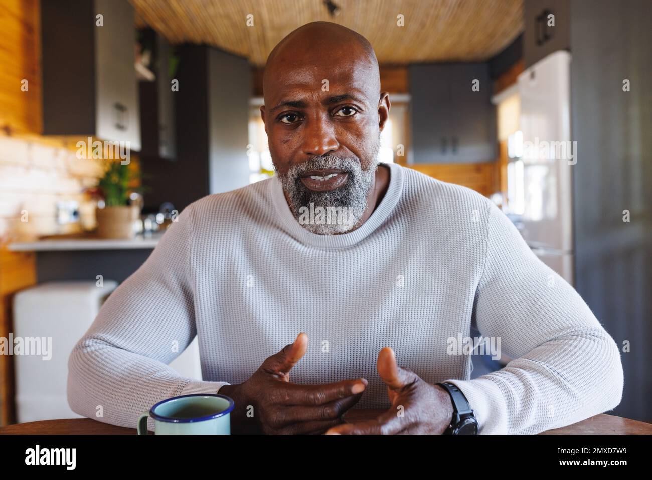 African american man making video call talking to camera in log cabin ...