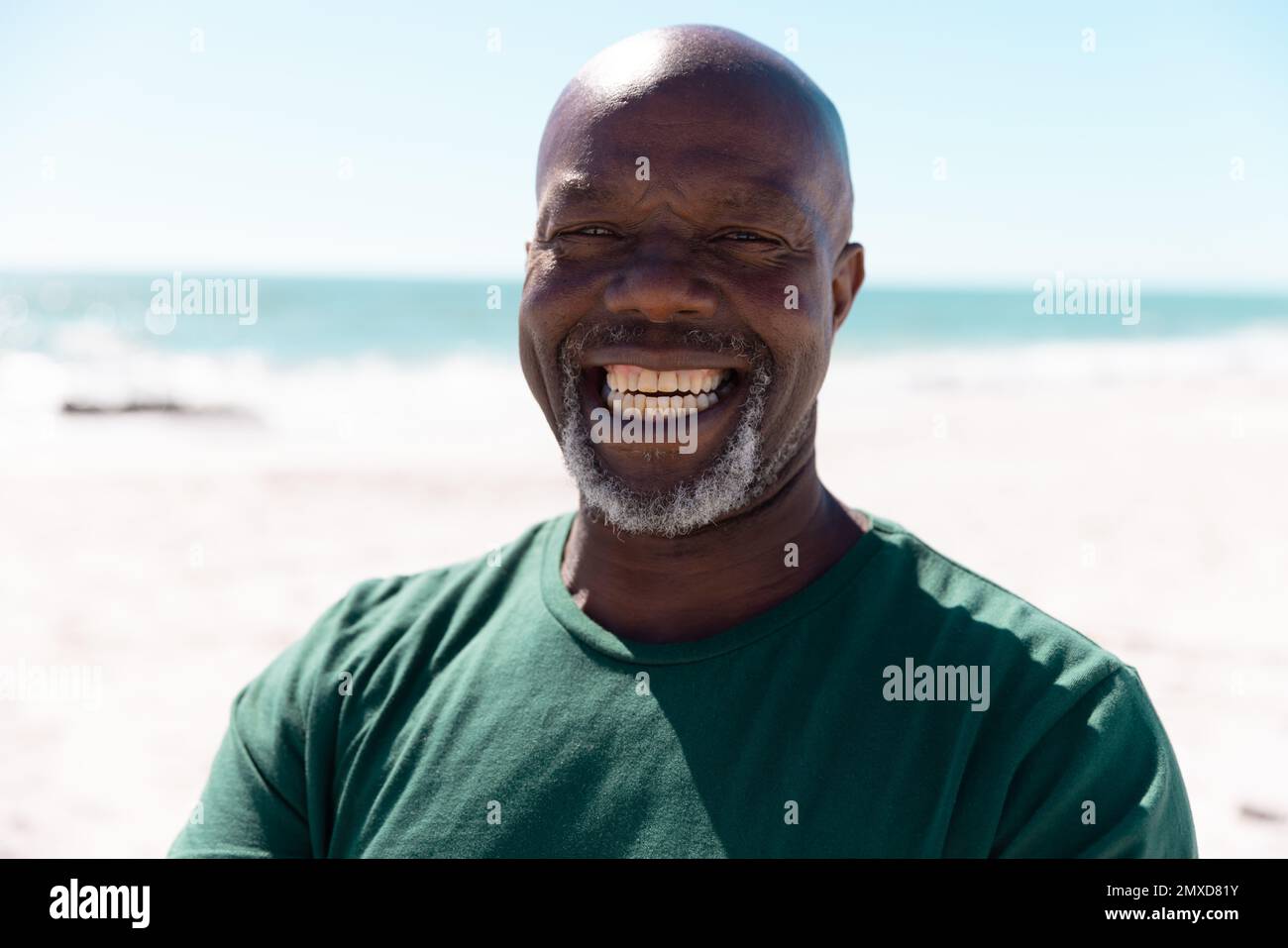 Close-up portrait of bald African American man over colored background ...