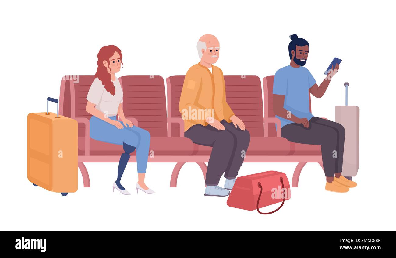 Passengers sitting in waiting place semi flat color vector characters ...