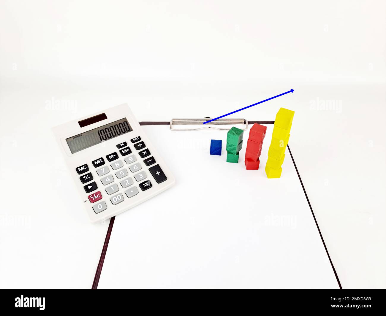 Abstract graph with colored cubes with clipboard and calculator, with ... Abstract graph with colored cubes with clipboard and calculator, with ...