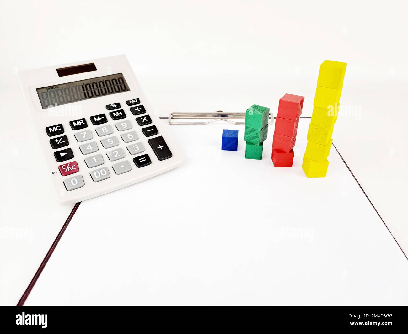 Abstract graph with colored cubes with clipboard and calculator, with ... Abstract graph with colored cubes with clipboard and calculator, with ...
