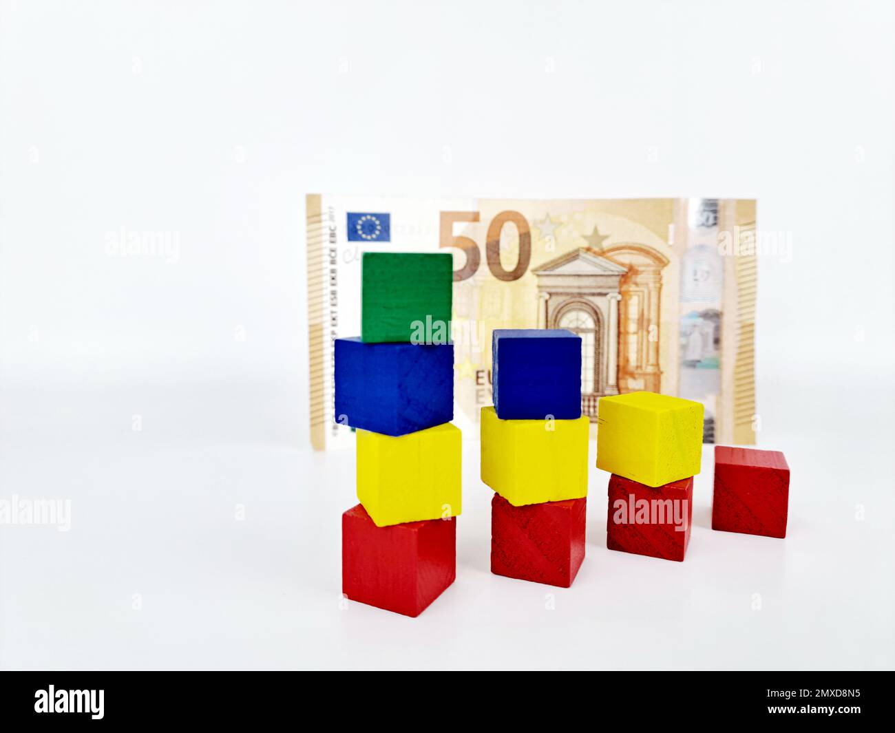 Abstract graphic with 3D wooden colorful cubes. Behind the image a 50 ...