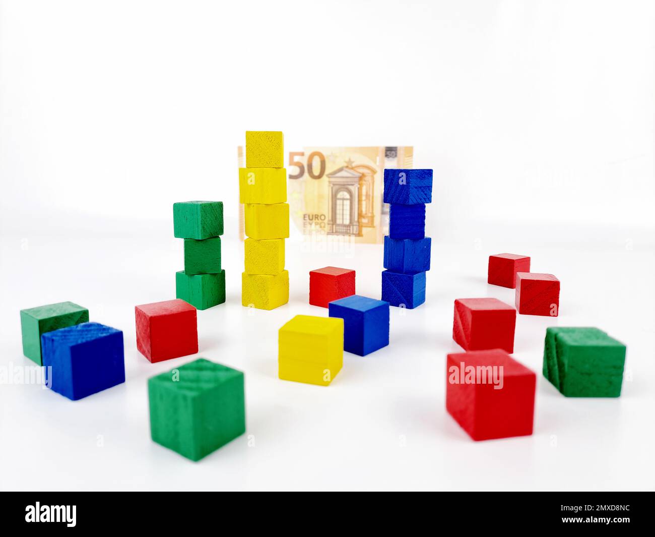 Abstract graphic with 3D wooden colorful cubes. Behind the image a 50 ...