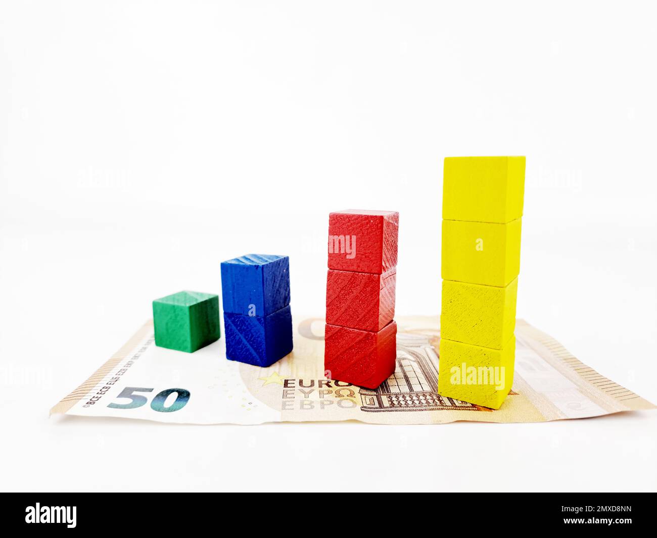 Abstract graphic with 3D wooden colorful cubes. Behind the image a 50 ...