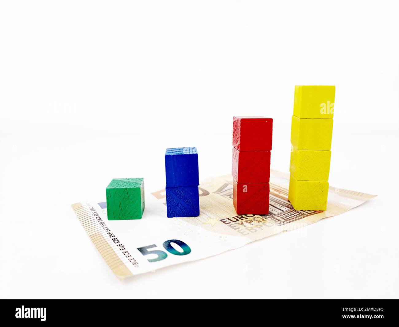 Abstract graphic with 3D wooden colorful cubes. Behind the image a 50 ...