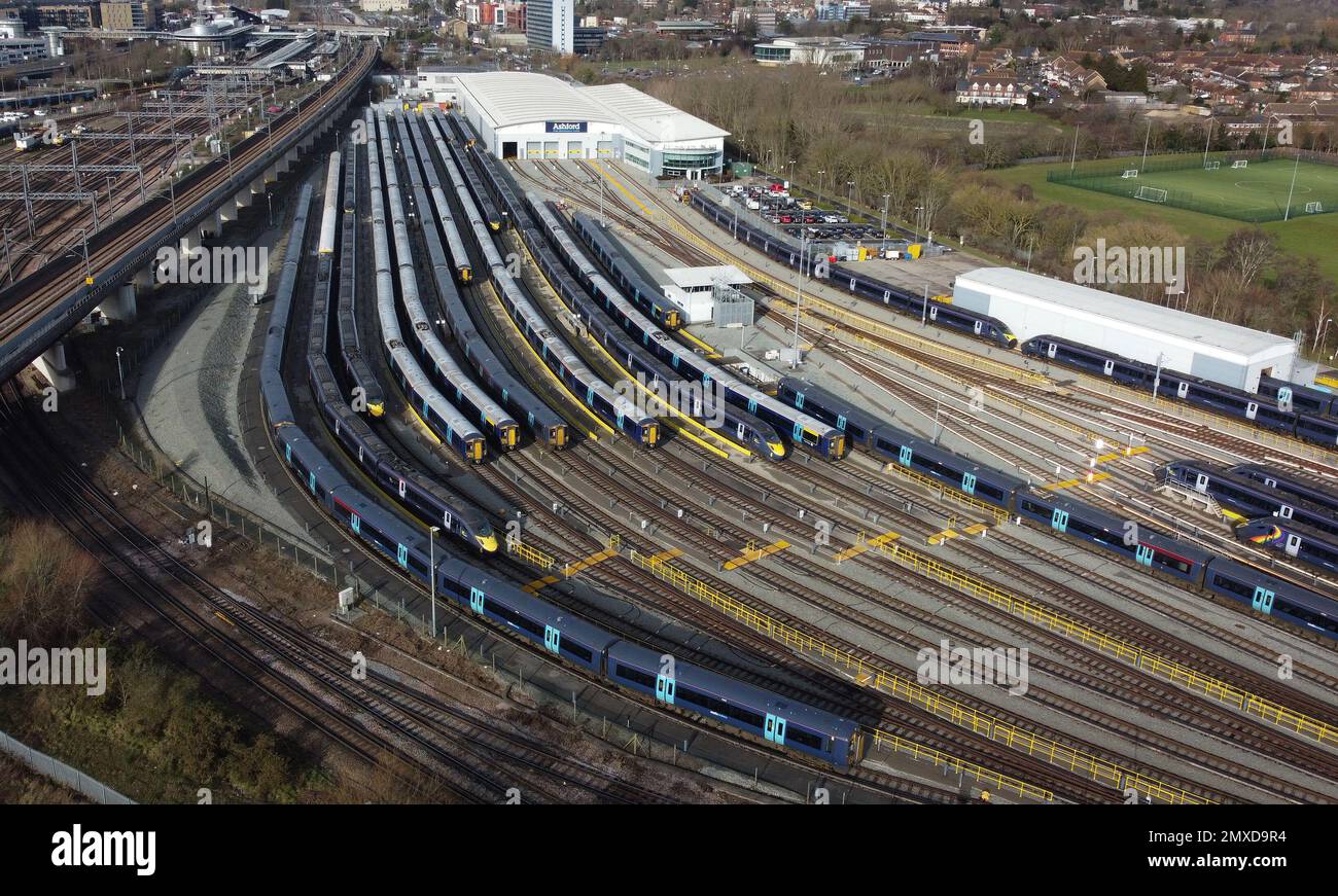 Southeastern trains in sidings at Ashford International station in Kent ...