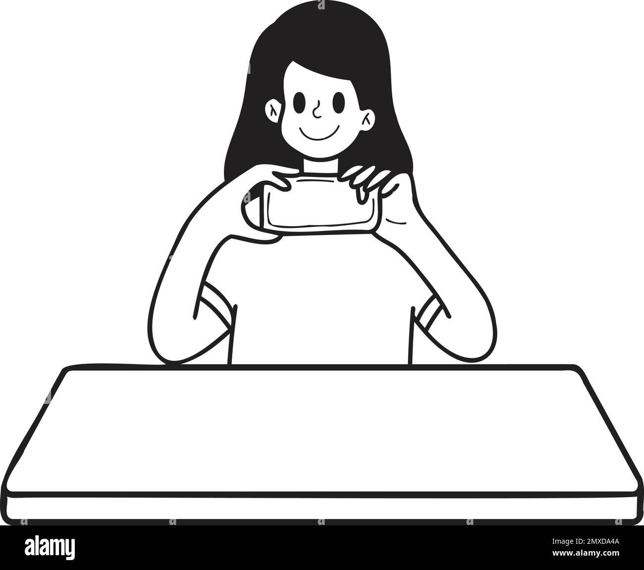 Hand Drawn woman taking photo on dining table illustration in doodle ...