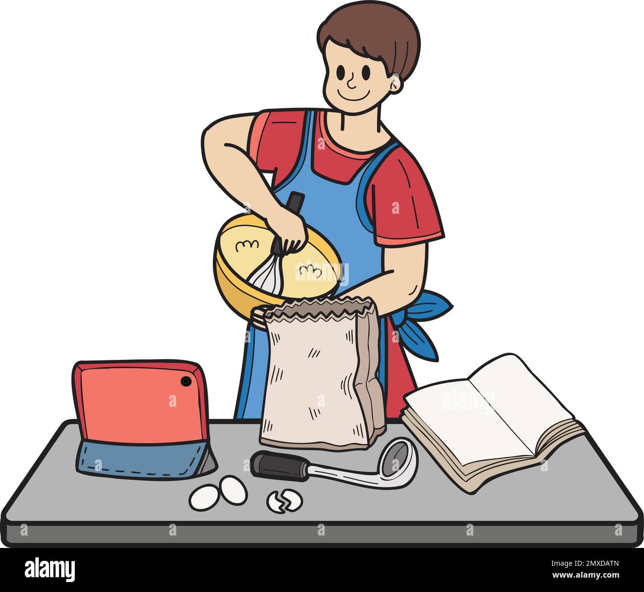 Hand Drawn man learning to cook from the internet illustration in ...
