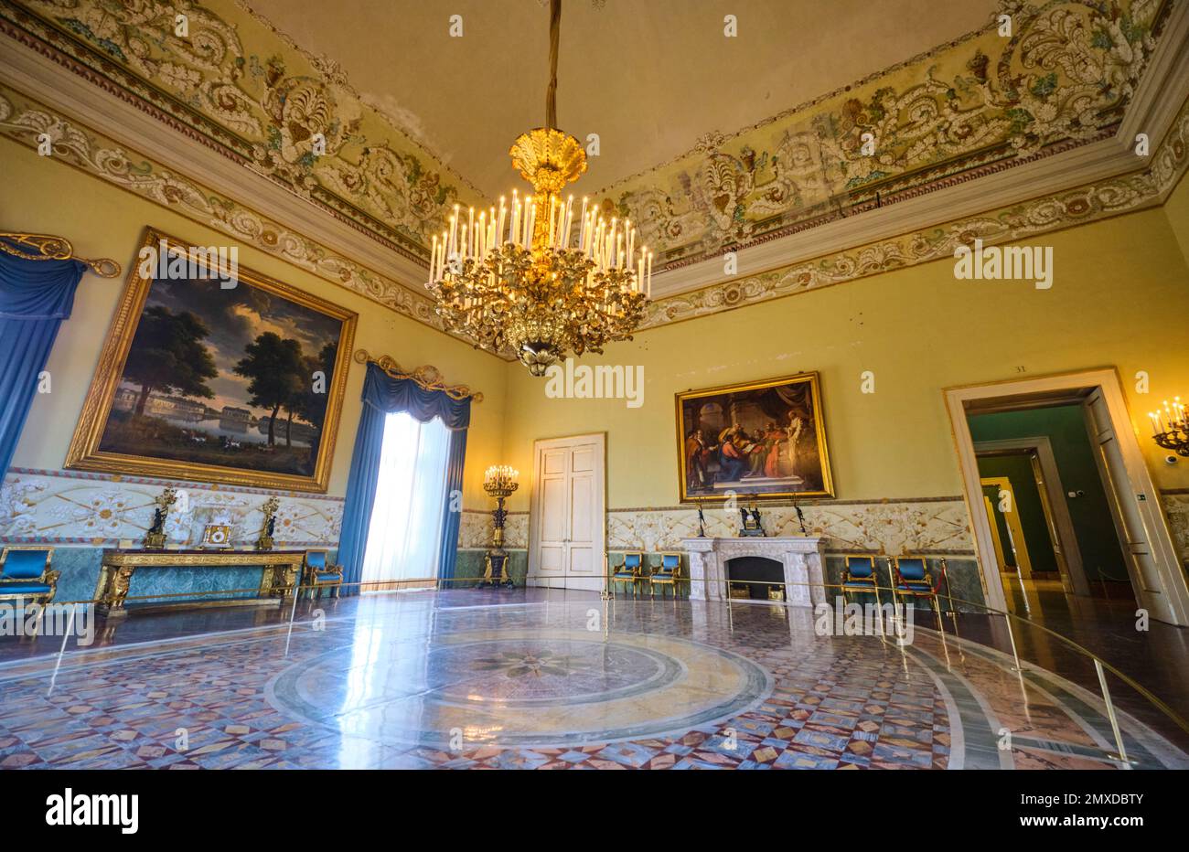 The large period ballroom with oval marble floor inlaid work. In the ...