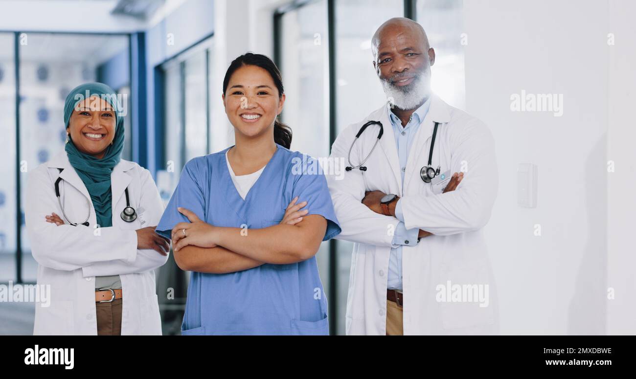 Diversity, doctors and student portrait in hospital with happy face ...