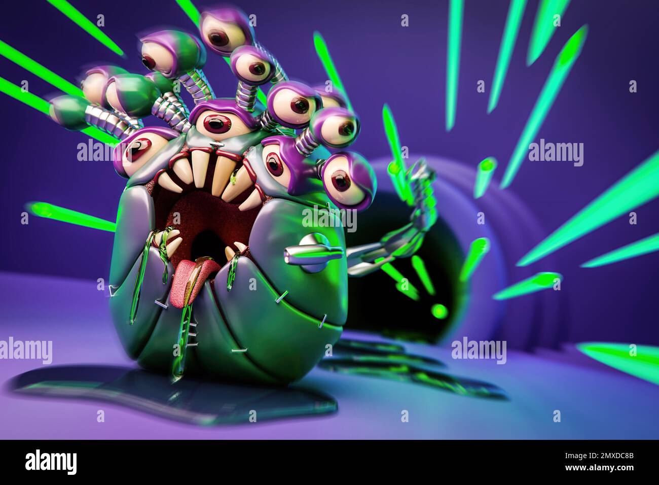 A creepy monster with a huge number of eyes and fangs quickly creeps ...