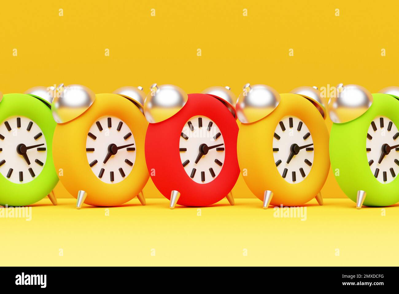 3d illustration multicolored cartoon alarm clocks stand in a row to ...