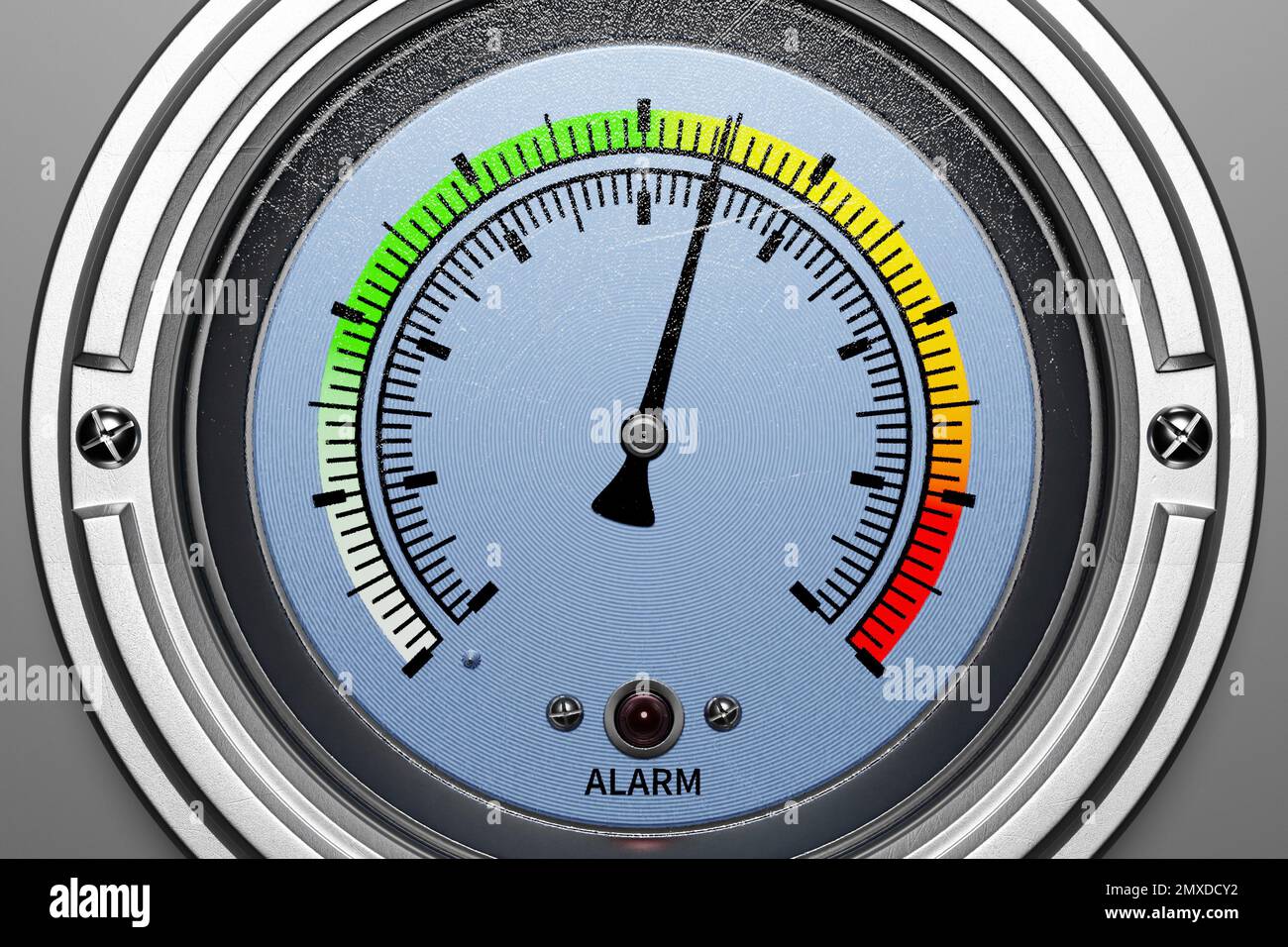 Round gauge with metal frame and alarm indicator. Different indication ...