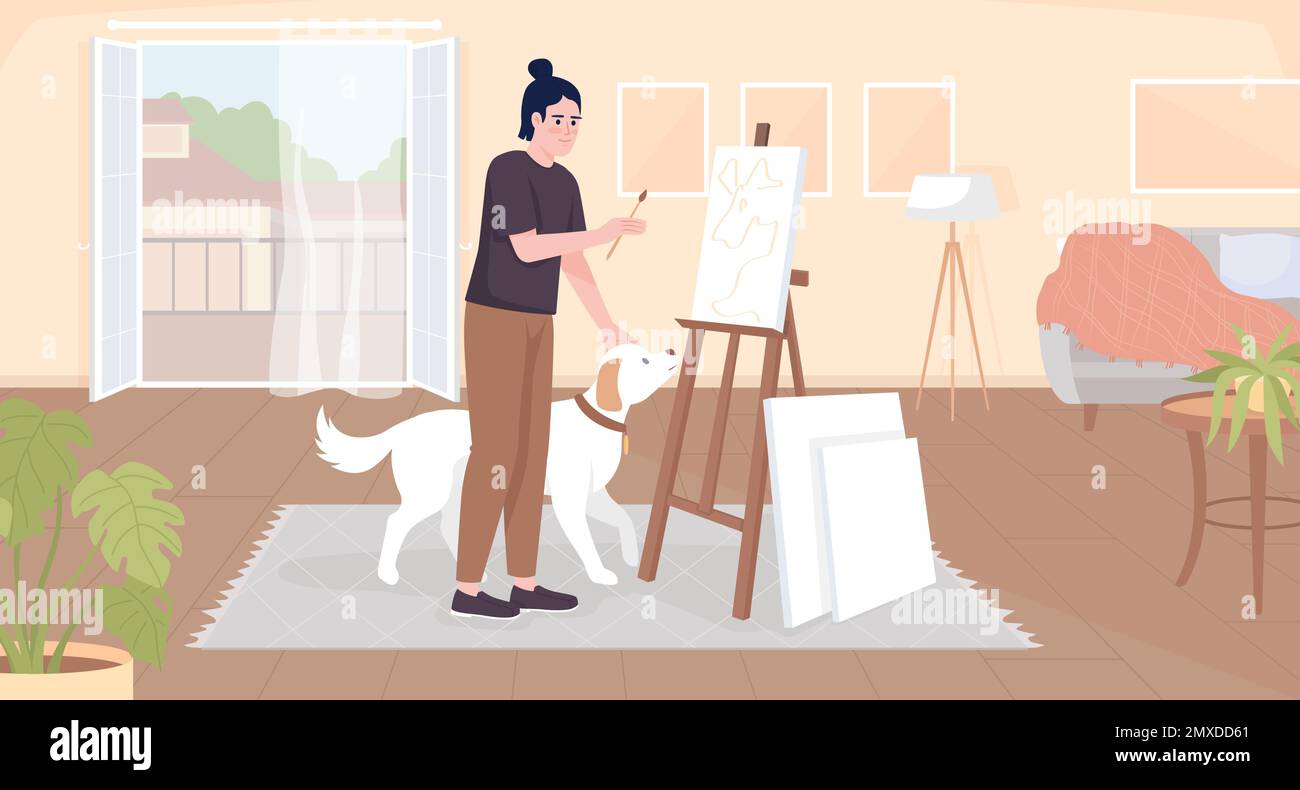 Creating artwork at home flat color vector illustration Stock Vector ...