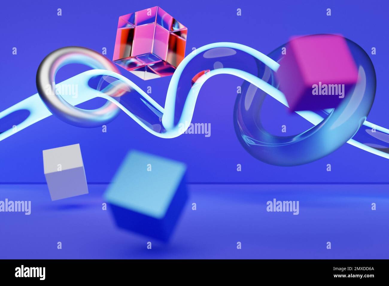 Close-up 3d blue and pink illustration. Different cube and torus flying ...